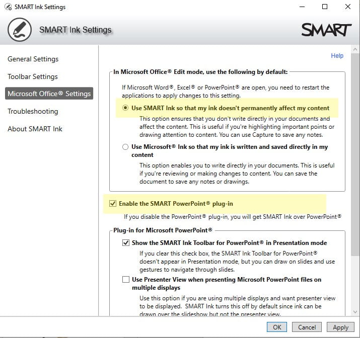 Screenshot Of Smart Ink S Microsoft Office Settings With Options To Use Smart Ink Without