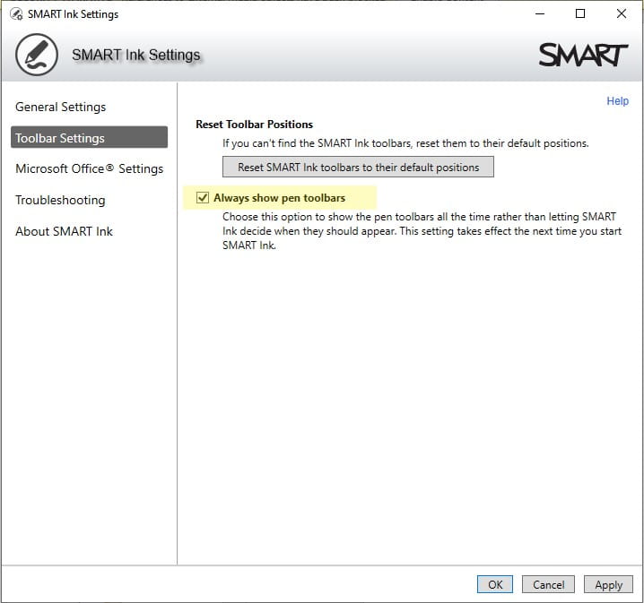 Screenshot Of Smart Inks Toolbar Settings Showing The Option To Always